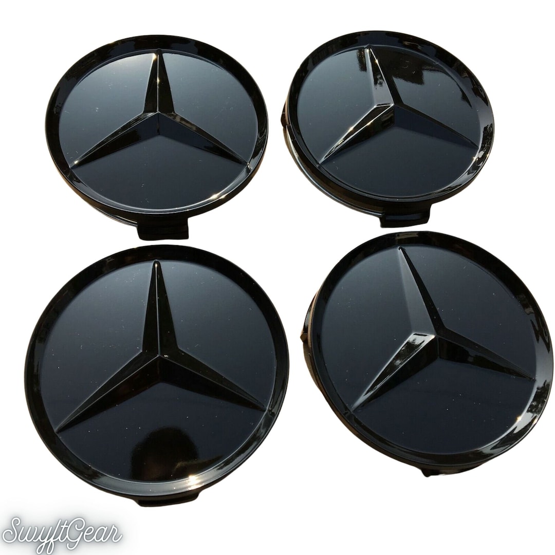Set of 4 Logo Mercedes Emblem Rim Hub Covers 75 Mm Black Logo Emblem ...