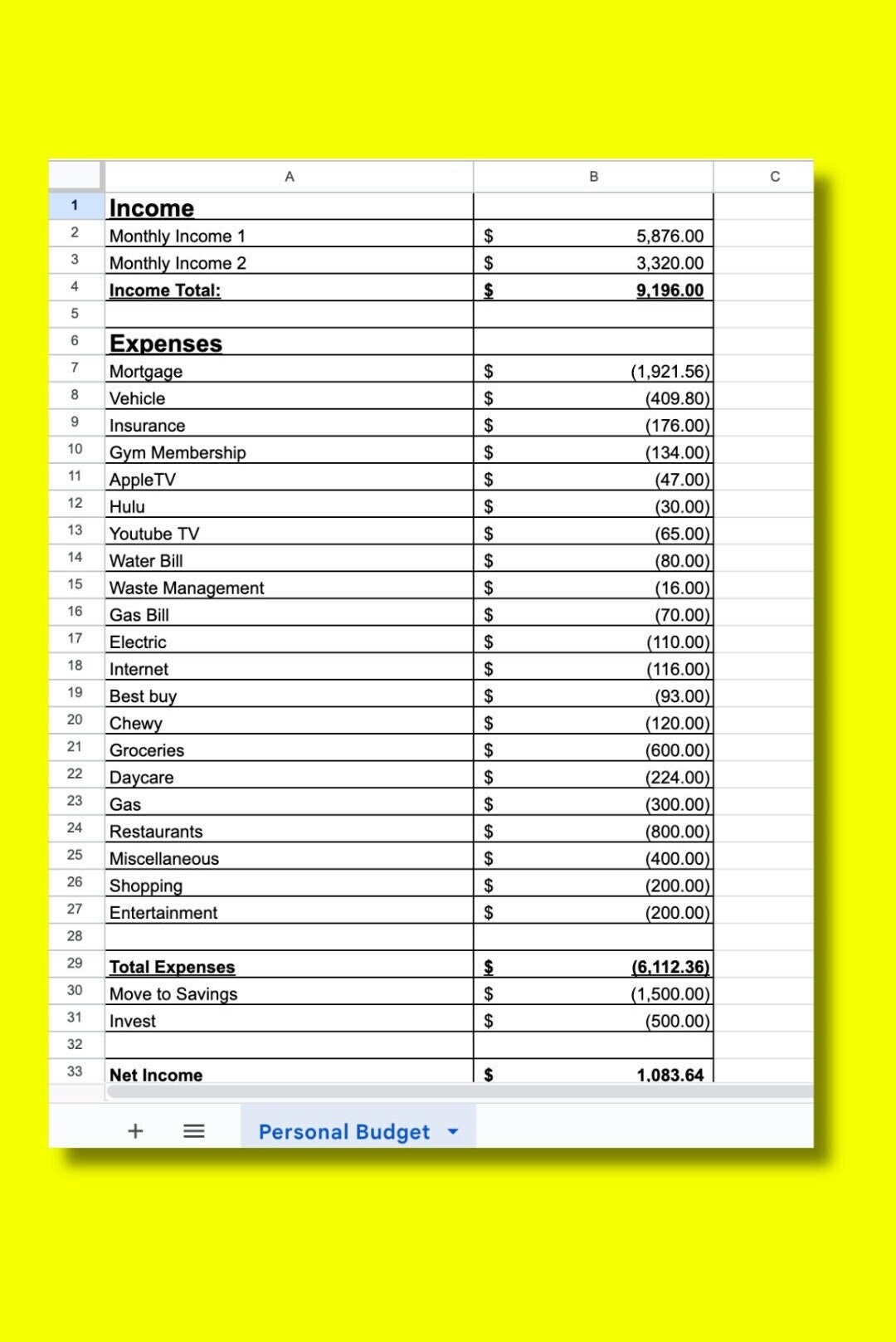 Personal Finance Simple Budget Template - Money Management, Income ...