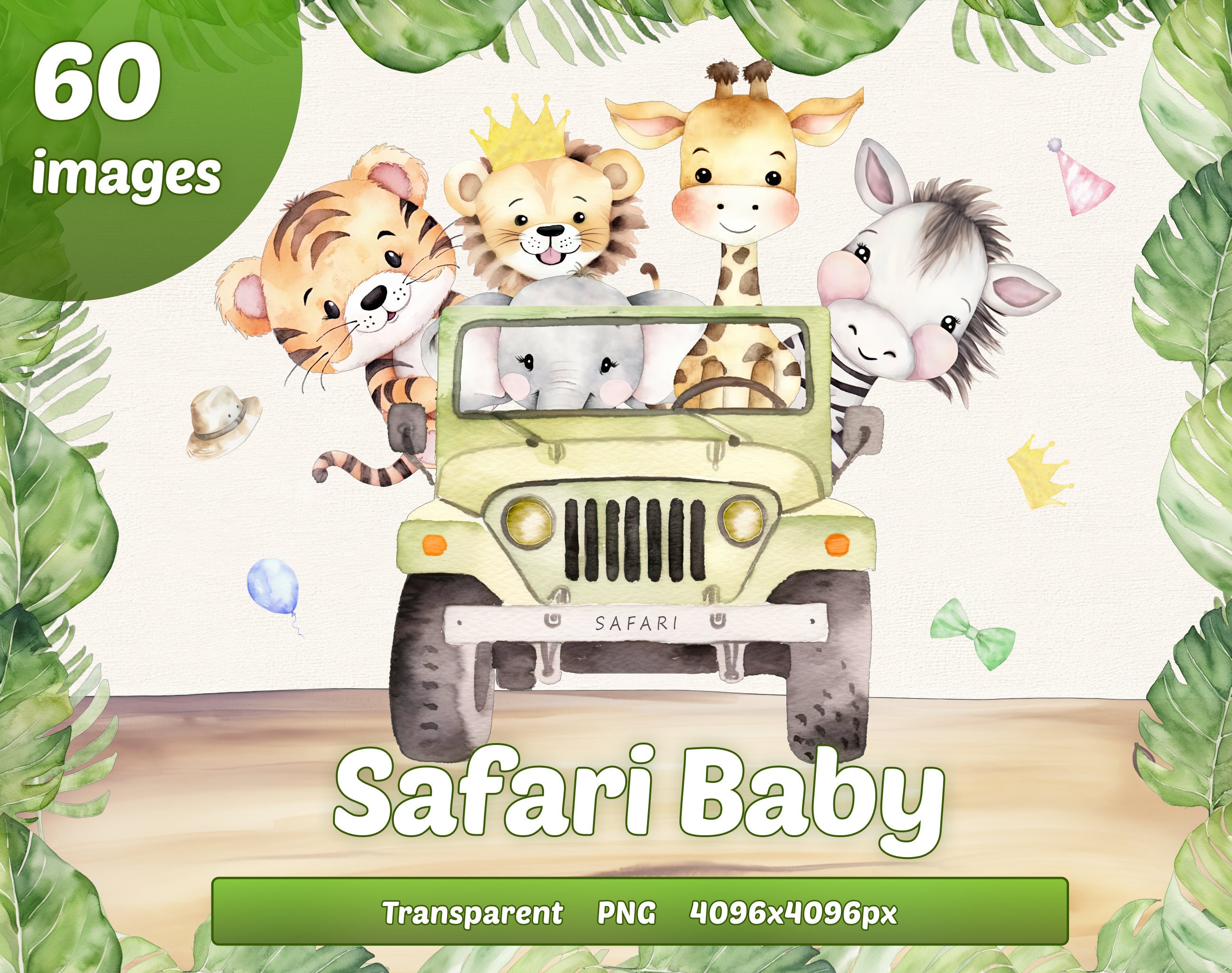 Safari Watercolor Clipart: Safari Baby Animals Elephant, Zebra, Lion ...