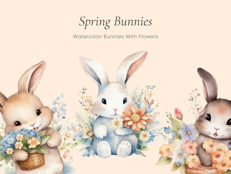 Spring Bunnies Clipart Flowers Clipart Children Clipart - Etsy