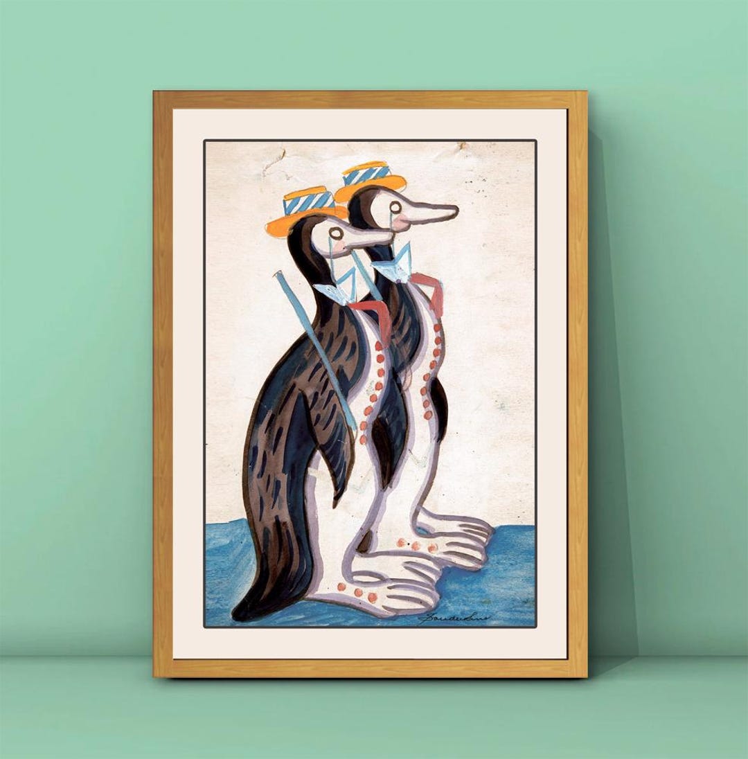 Vintage Two Penguins Print,penguins Poster,penguins Painting,penguins ...