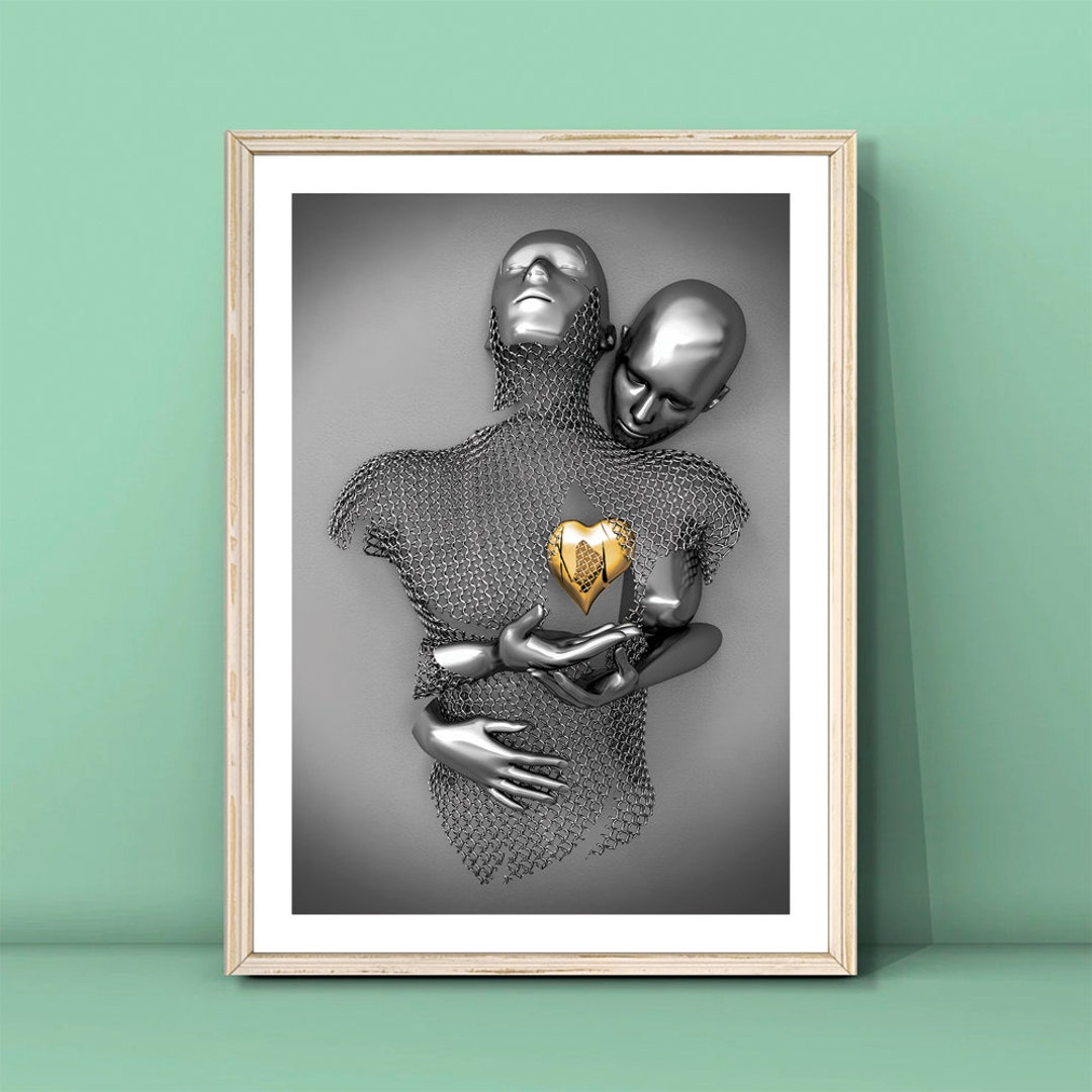 Silver Gold Print,3d Effect Art Print,gold Heart Love Wall Art,gift for ...