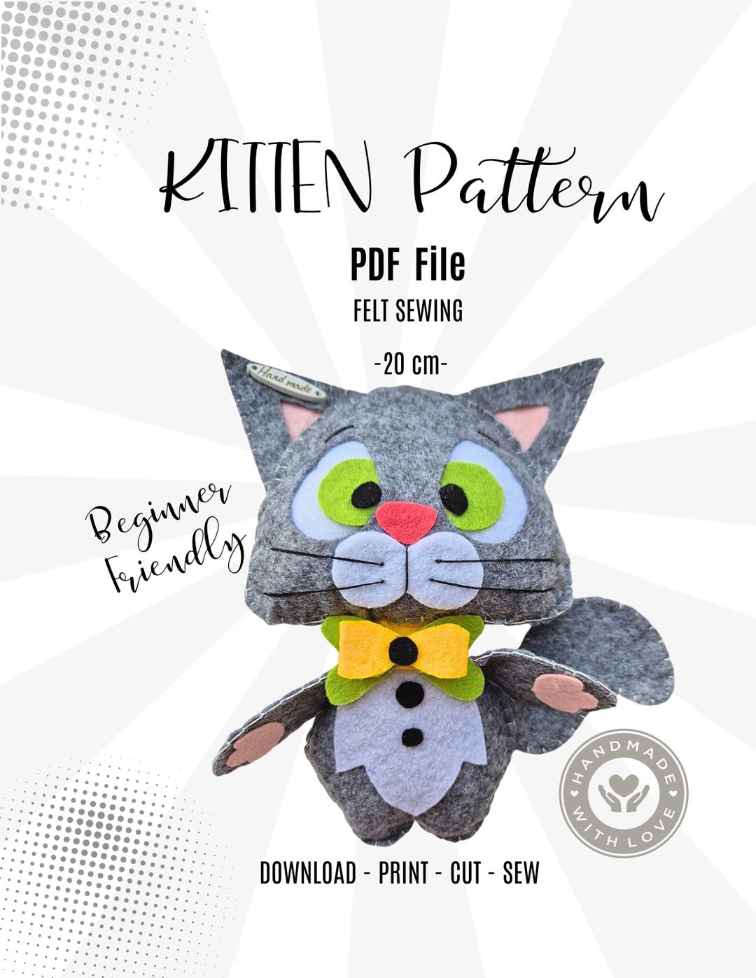 Kitten Sewing Pattern, Cute Felt Kitten Toy, Pattern 20 Cm, PDF File ...