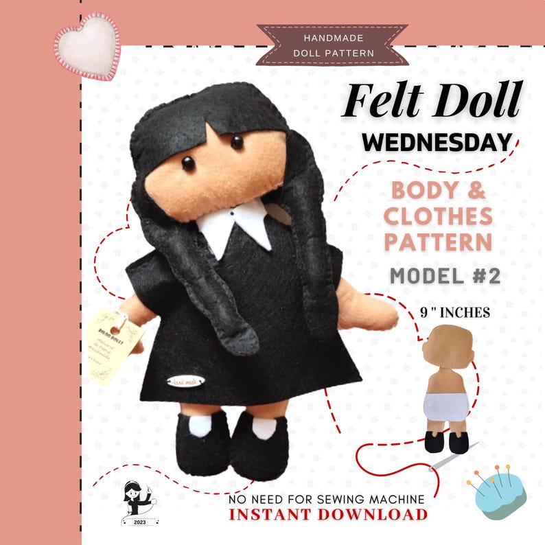 Wednesday Addams Felt Doll Pattern for Body & Clothes, Size 25 Cm 9 ...