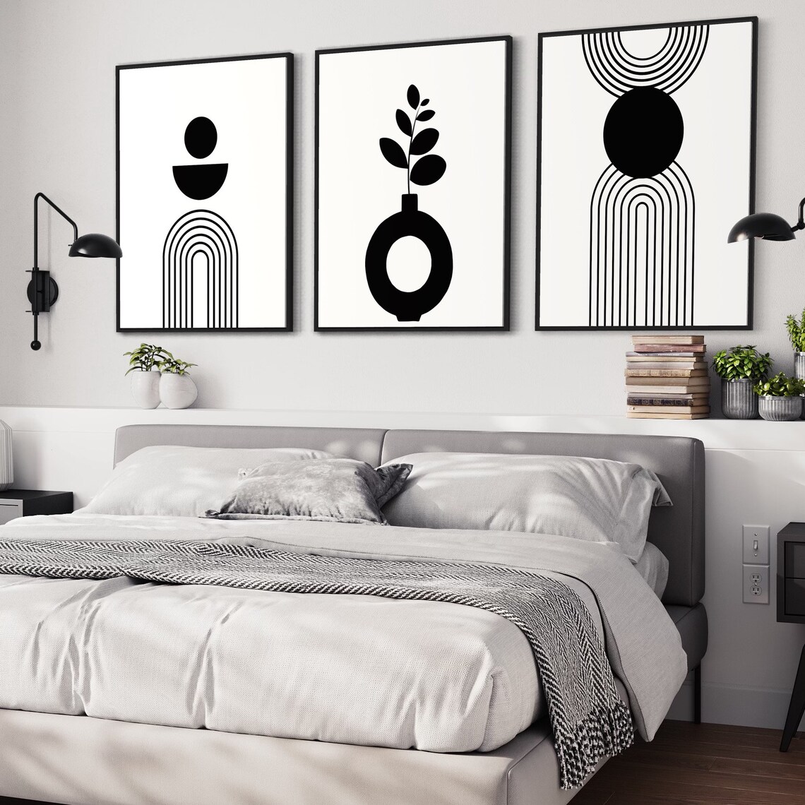 Black and White Boho Wall Art Set of 3, Printable Digital Mid Century ...