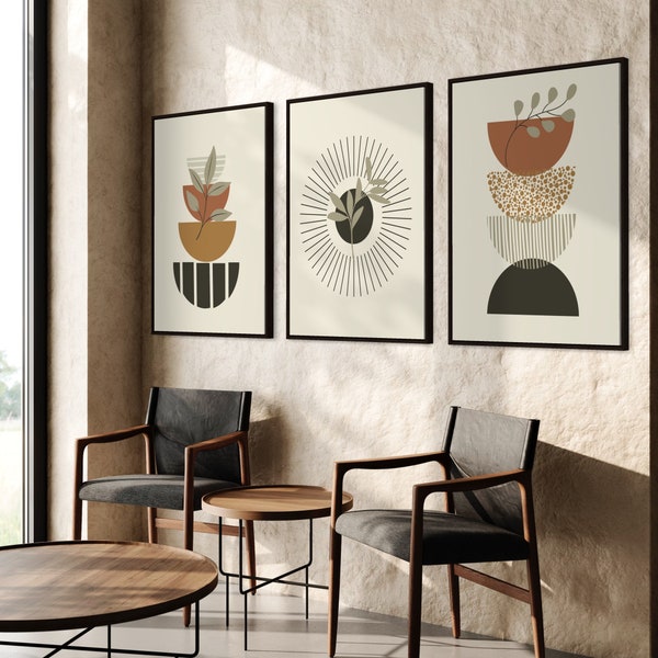 Boho Abstract Wall Art Prints, Boho Wall Decor, Set of 3 Prints, Boho Wall Art, Mid Century ...