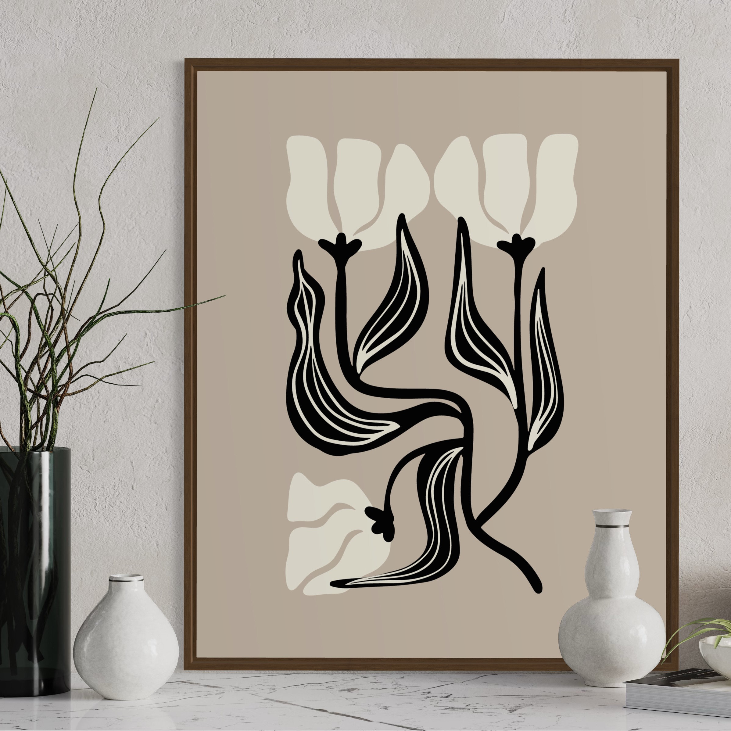 Abstract Floral Digital Download, Beige Black Wall Art Set of 2 ...