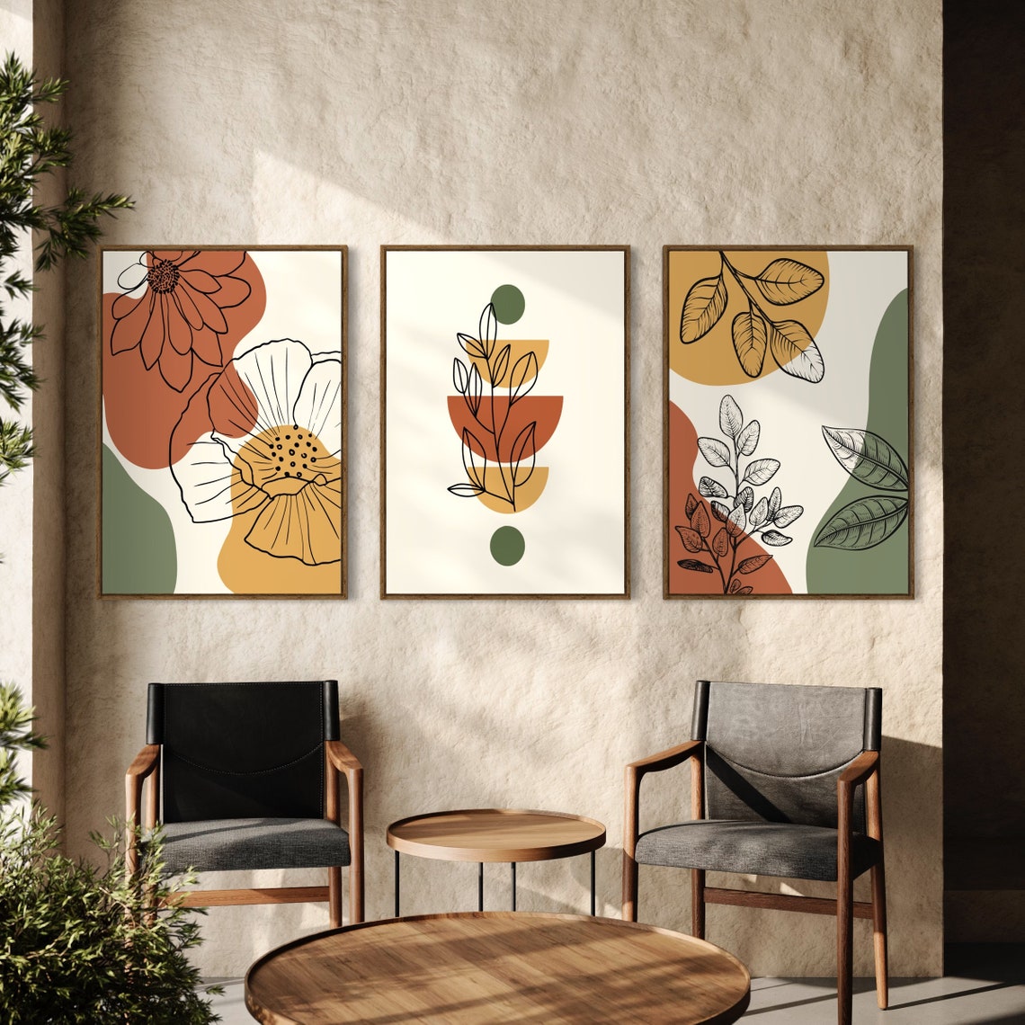 Boho Abstract Wall Art Prints, Boho Wall Decor, Set of 3 Prints, Boho Wall Art, Mid Century ...