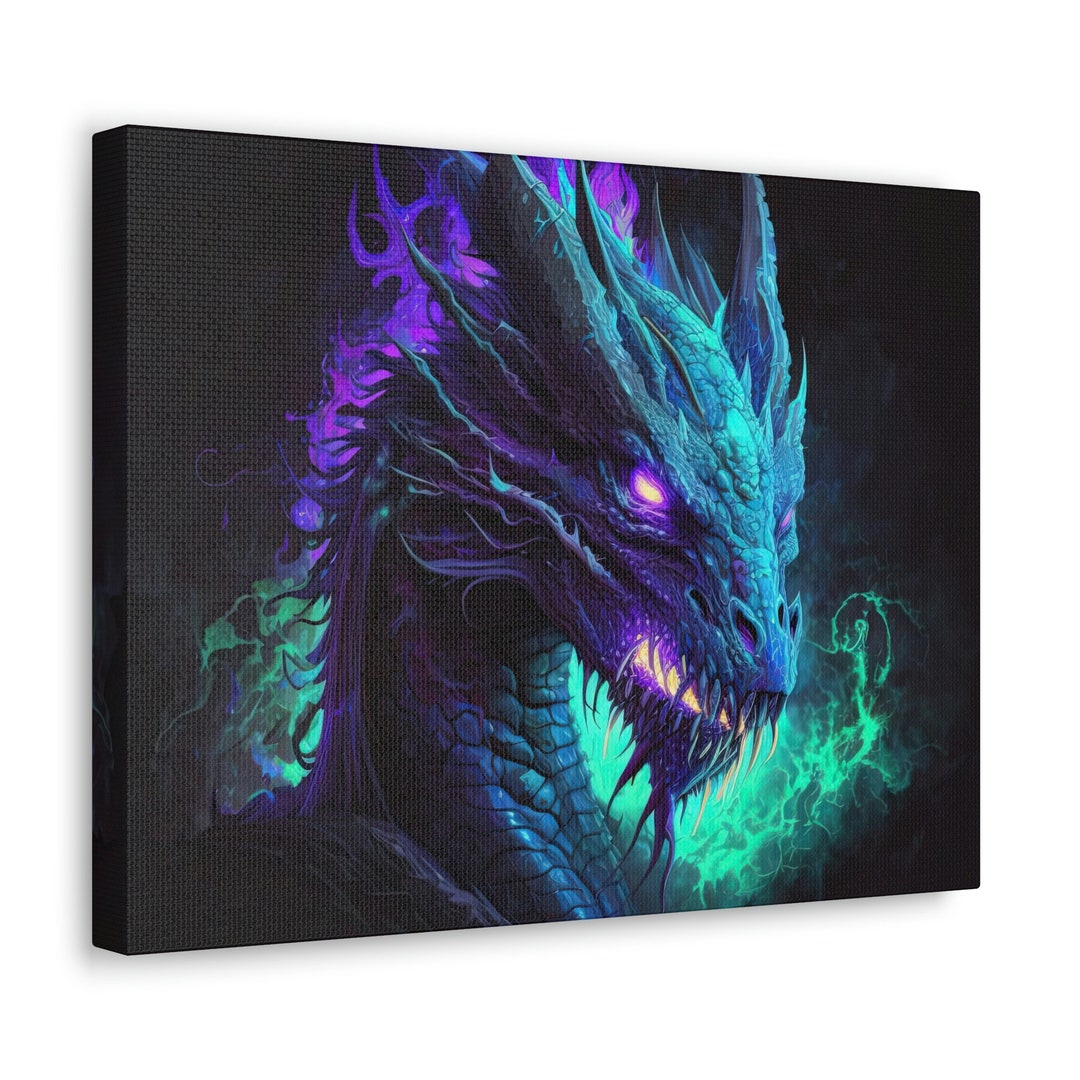 Canvas Wall Art Dragon Green Purple Closeup Ferocious Glowing Eyes ...
