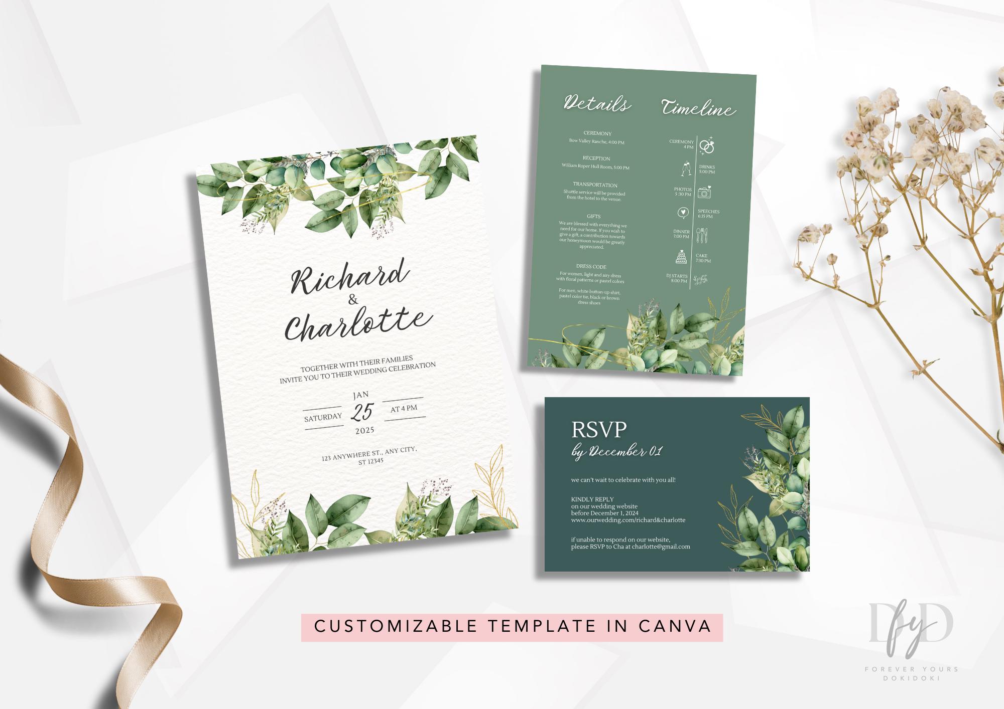Sage Green and Gold Wedding Invitation Template, Details Card, and RSVP ...