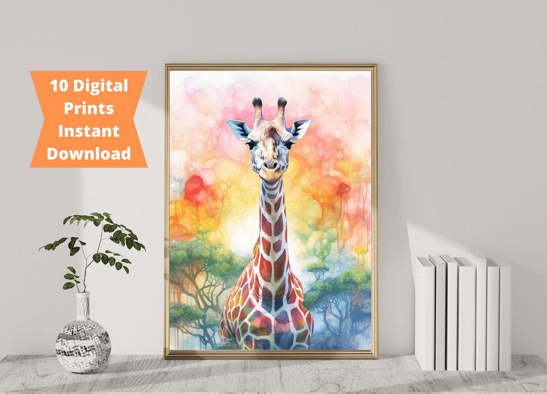 Multicolor Watercolor Animal Artwork Giraffe Portrait Colorful Wildlife ...