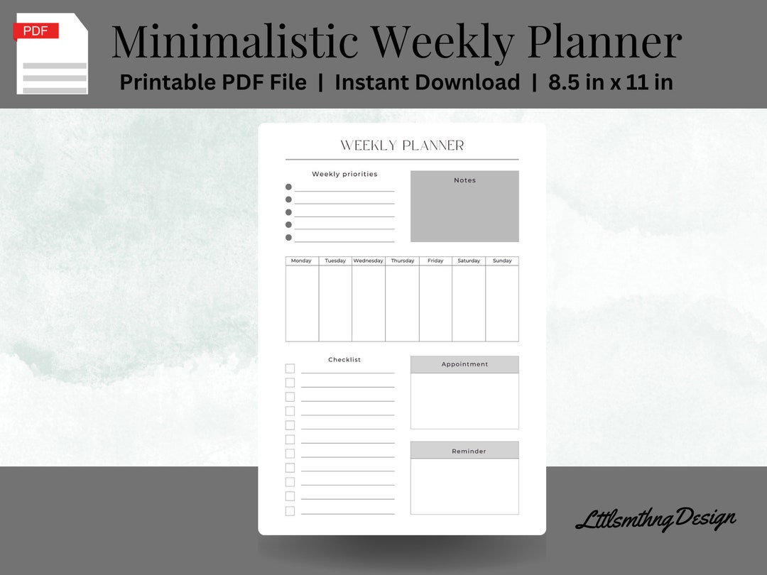 Minimalist Weekly Planner, Instant Download, Letter Size Weekly ...
