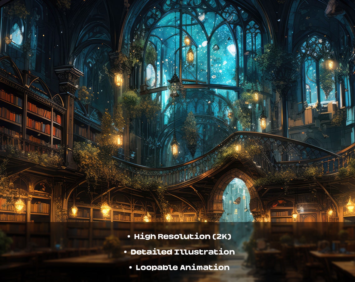 4 ANIMATED BACKGROUNDS Fantasy Library Background Library Looped Vtuber ...