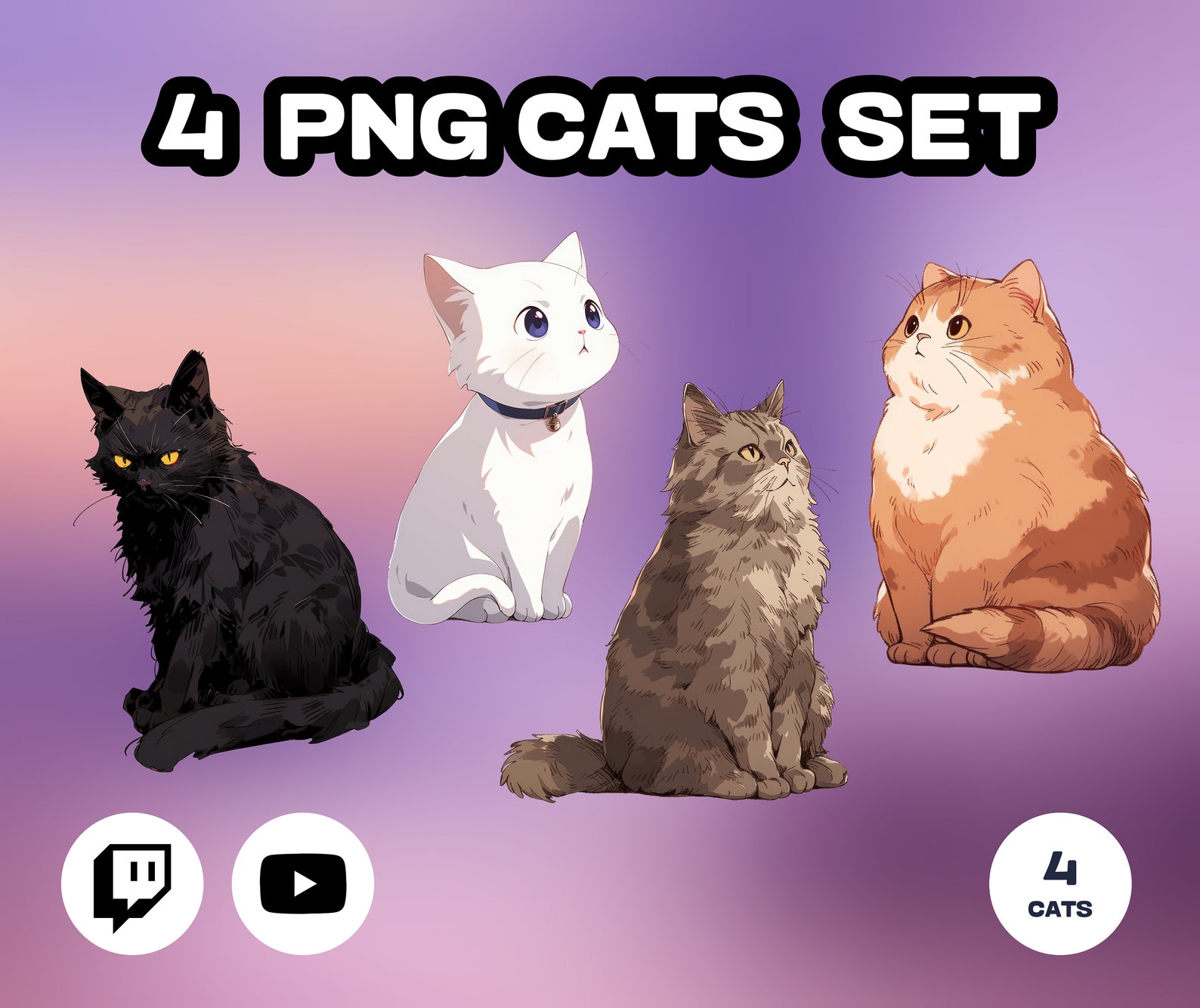 VTUBER 4 Cats Set, VTUBER Asset | High Quality PNG Files | Transparent ...