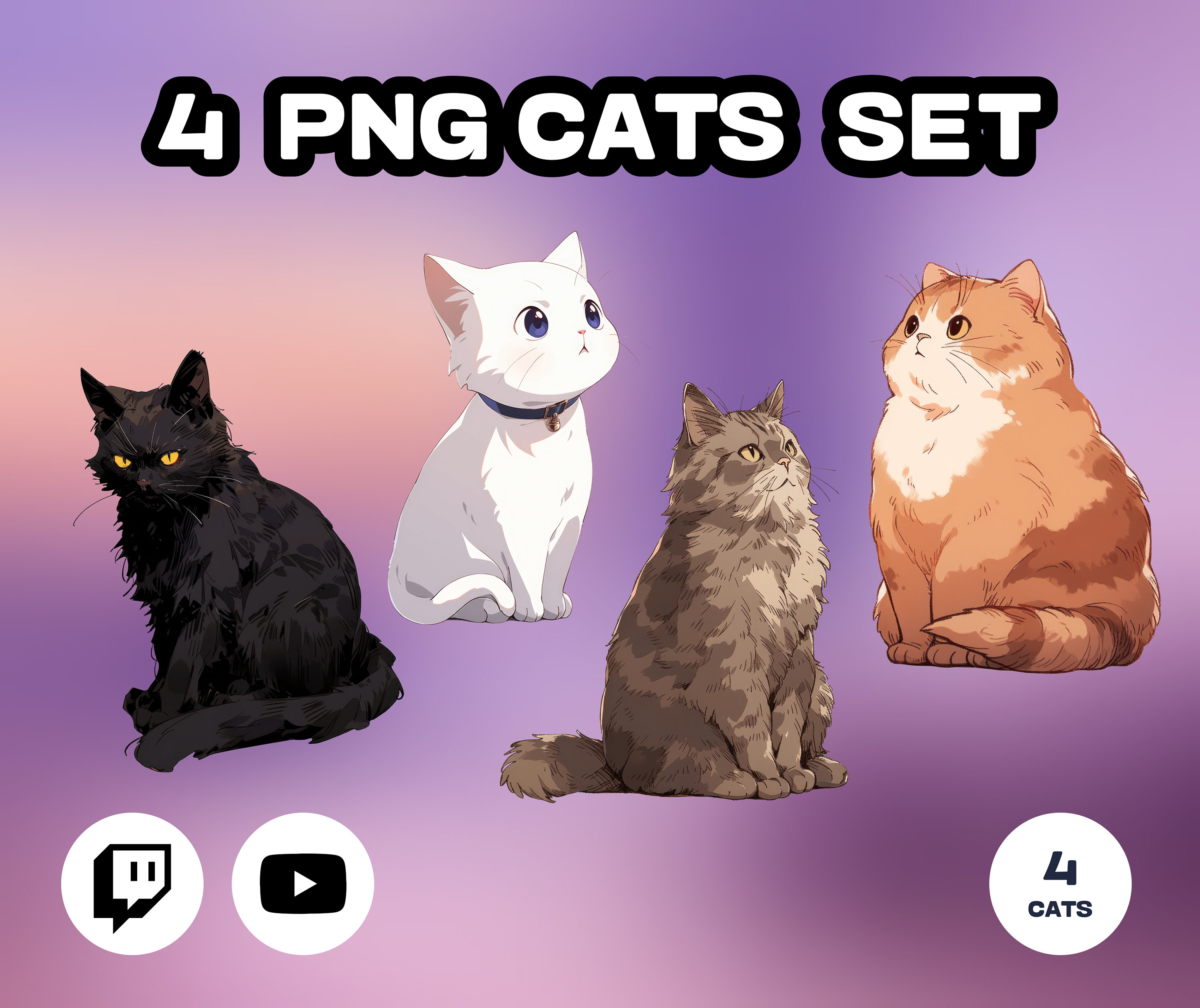 VTUBER 4 Cats Set, VTUBER Asset | High Quality PNG Files | Transparent ...