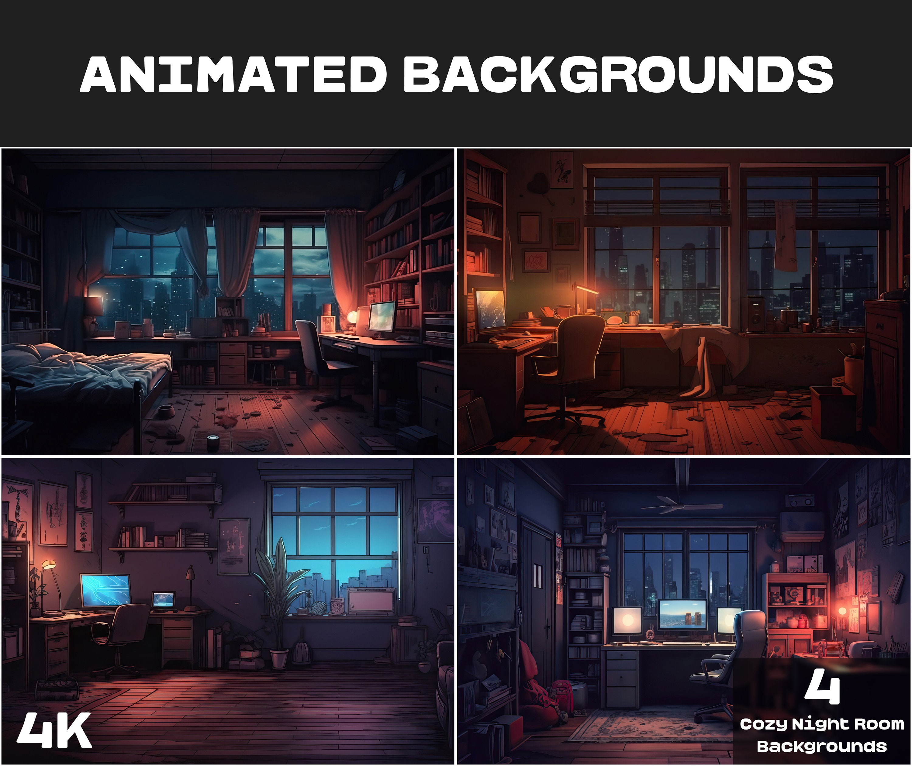 4 ANIMATED BACKGROUNDS | Cozy Night Room | Lofi Cozy Midnight Room ...