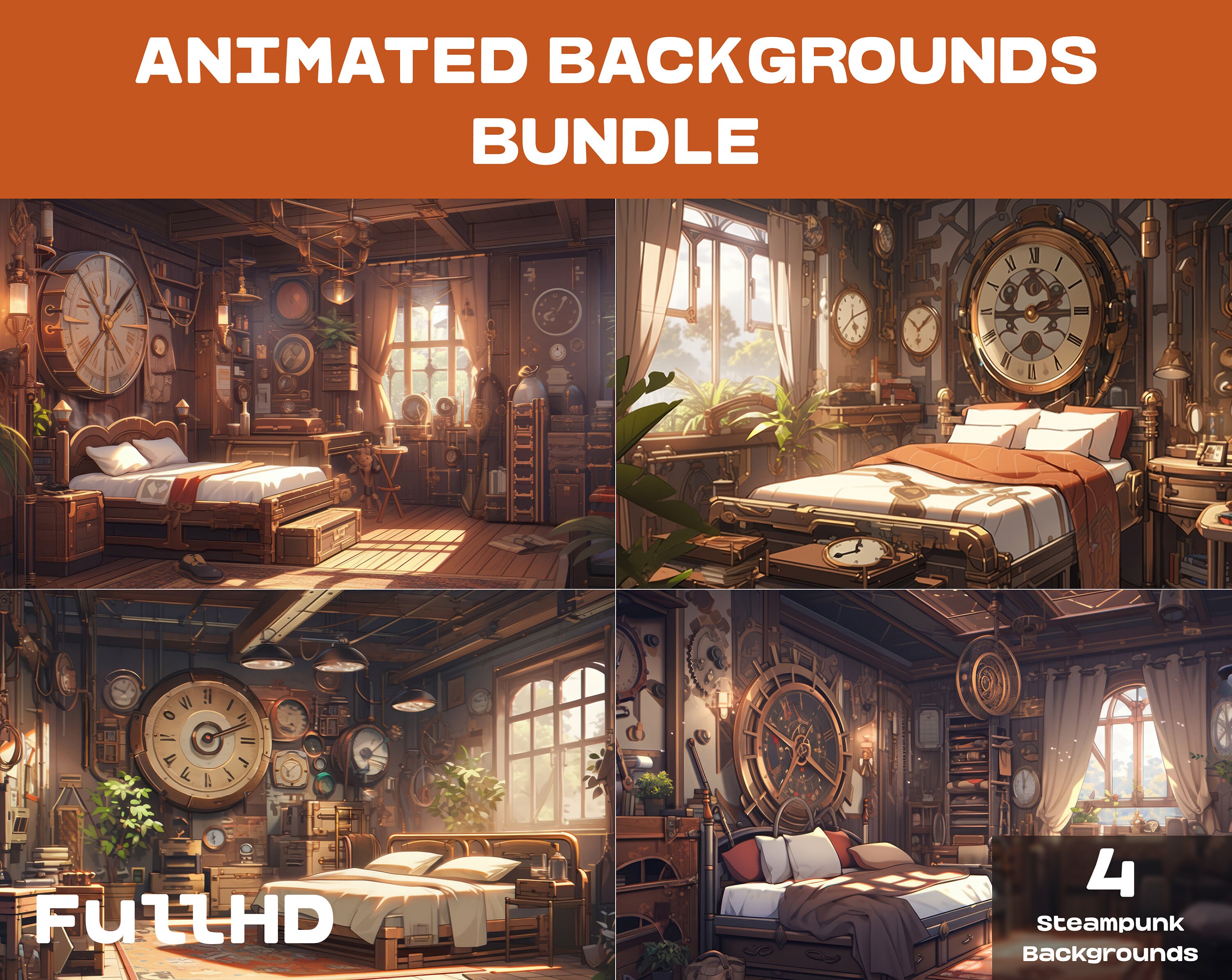 4 ANIMATED BACKGROUNDS | Steampunk Background | Steampunk Looped Vtuber ...