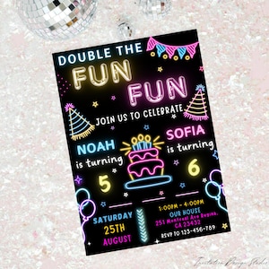 Neon Birthday Sibling Invitation Dual Birthday Boy and Girl Invite ...