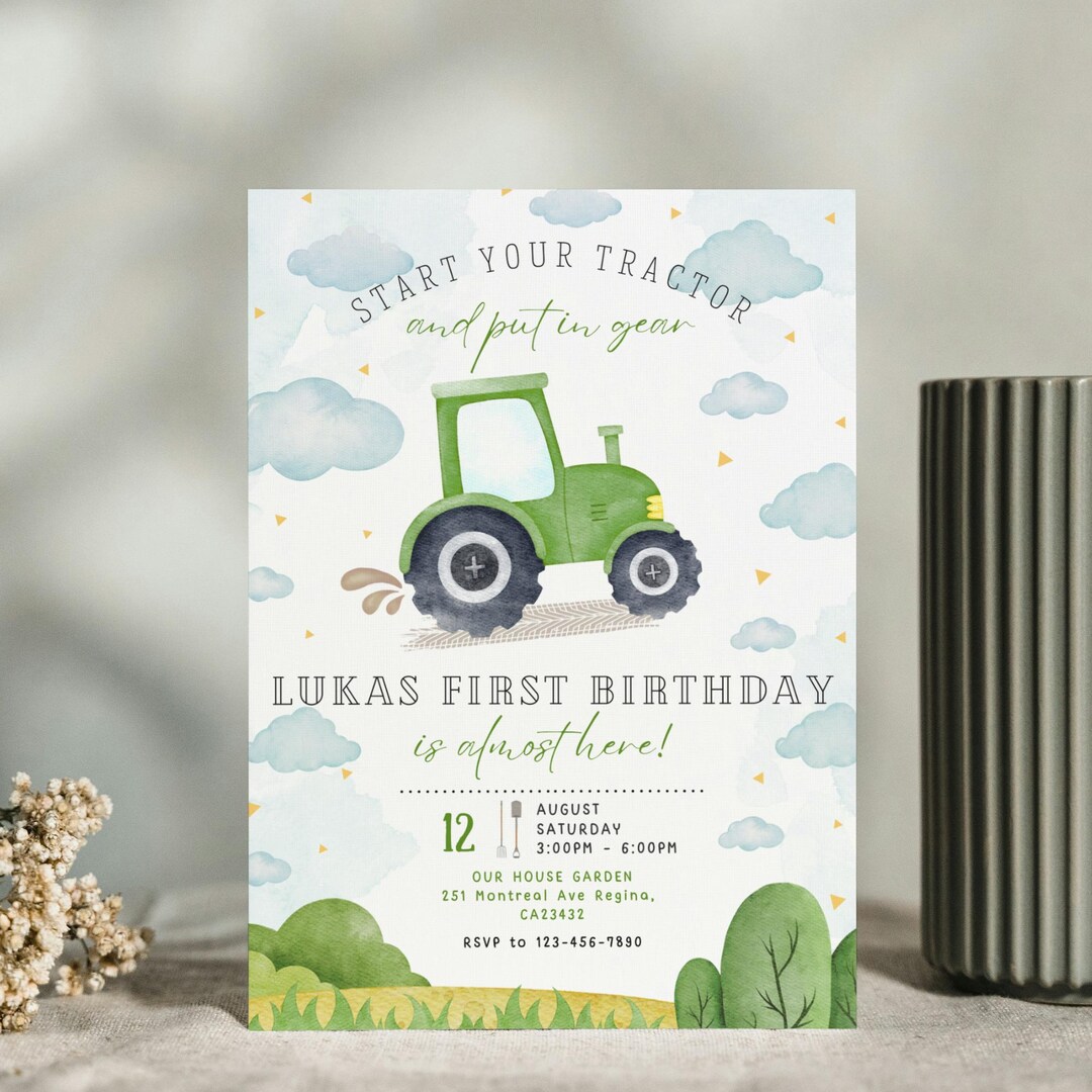 Editable Green Tractor Birthday Invitation Tractor Party Invitation Boy ...