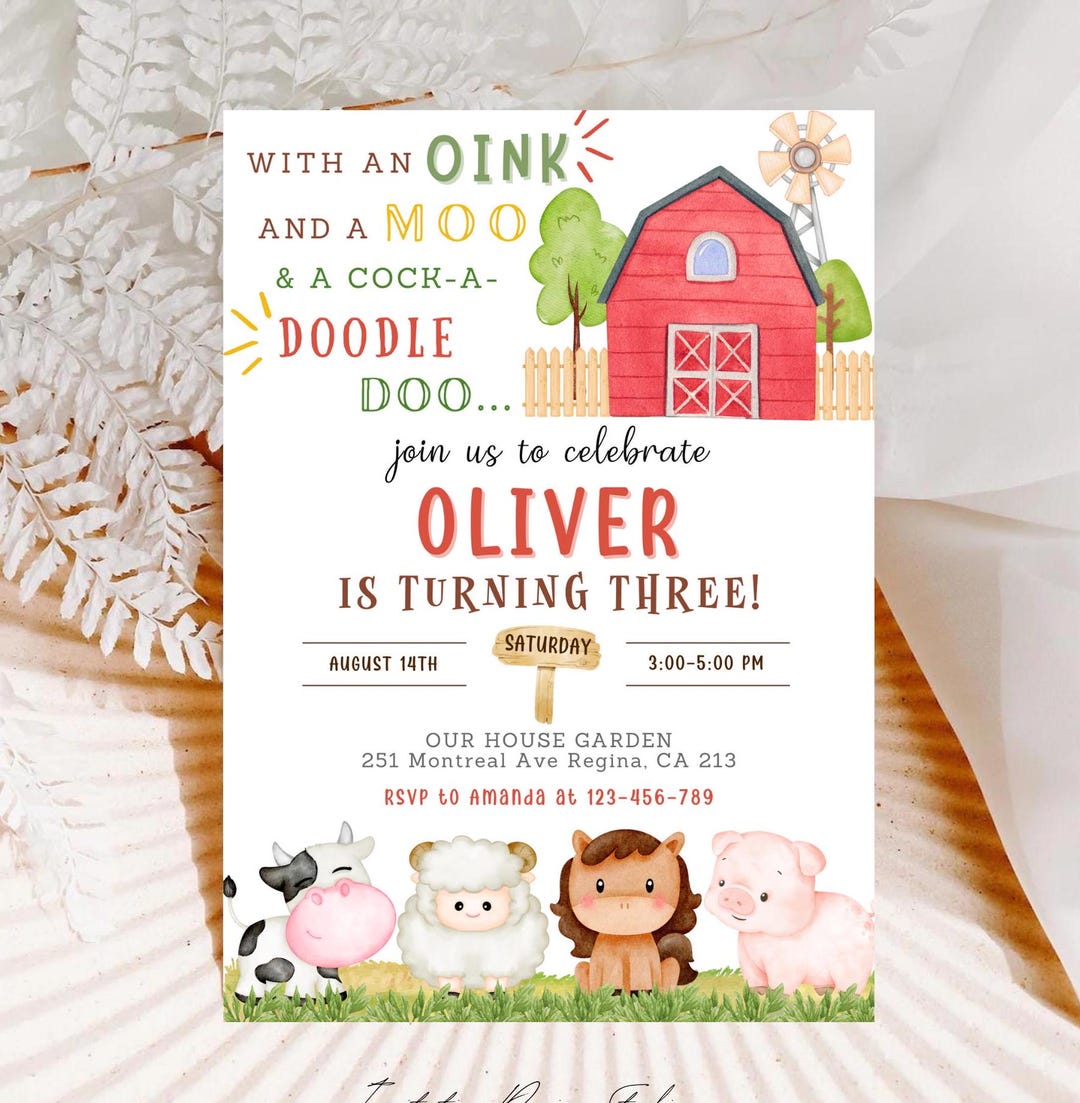 Farm Animals Birthday Invitation Farm Birthday Party Invitation ...