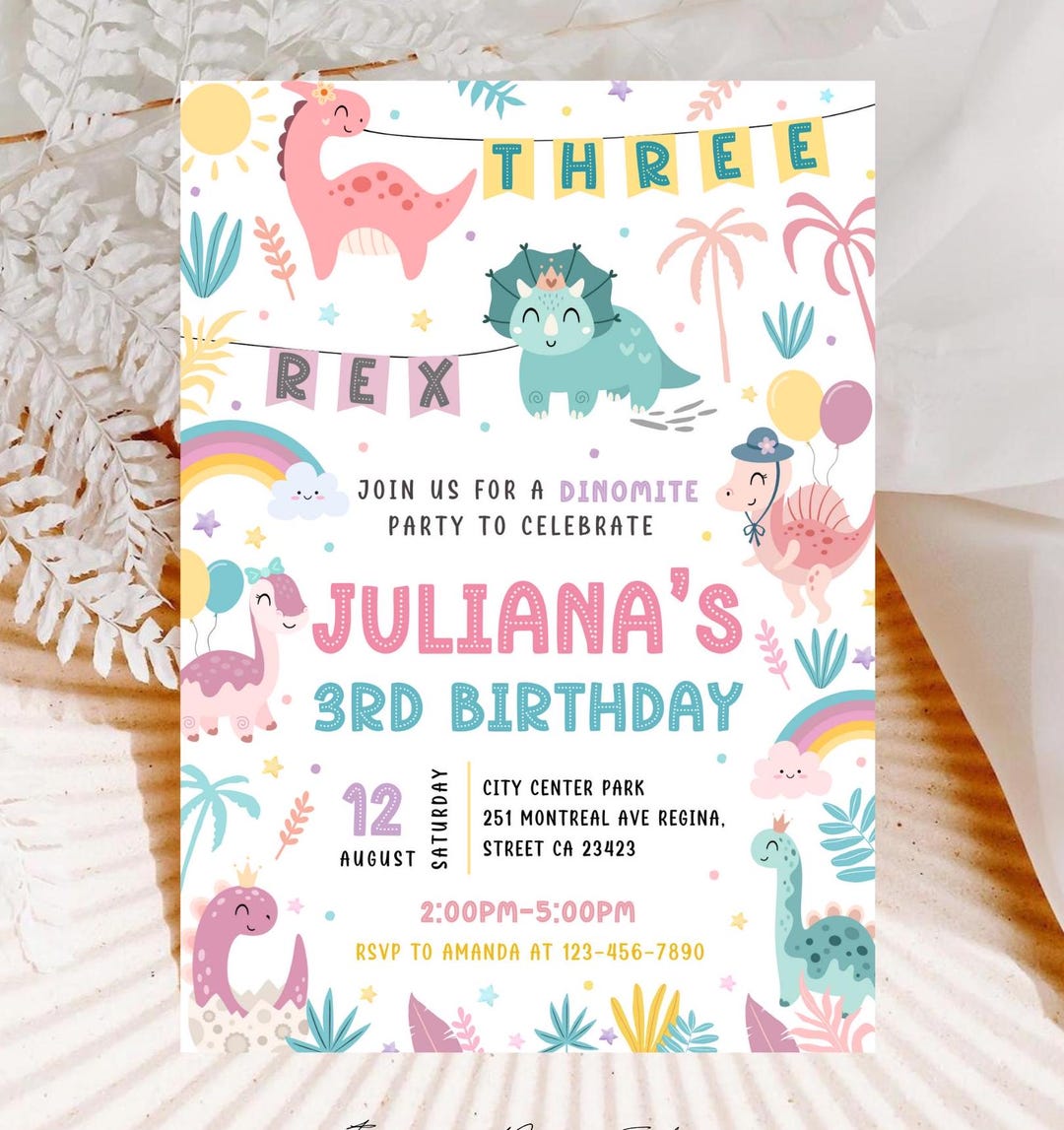 Editable Three Rex Girl Birthday Invitation Dinosaur Party T-rex Invite ...