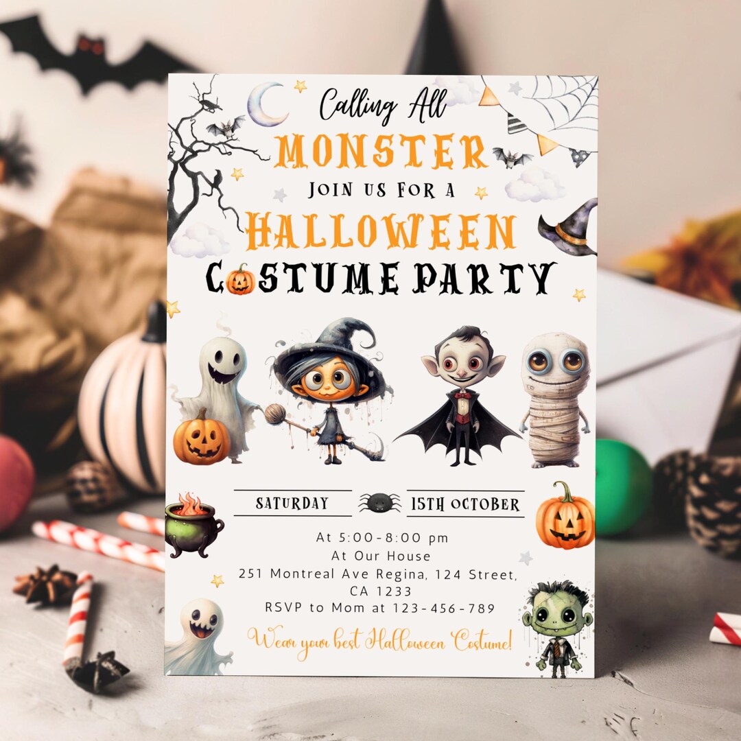 Editable Halloween Costume Party Invitation | Cute Spooktacular Invite ...