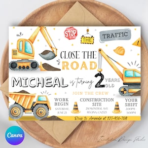Editable Excavator Digger Birthday Invitation Construction Theme Dump ...
