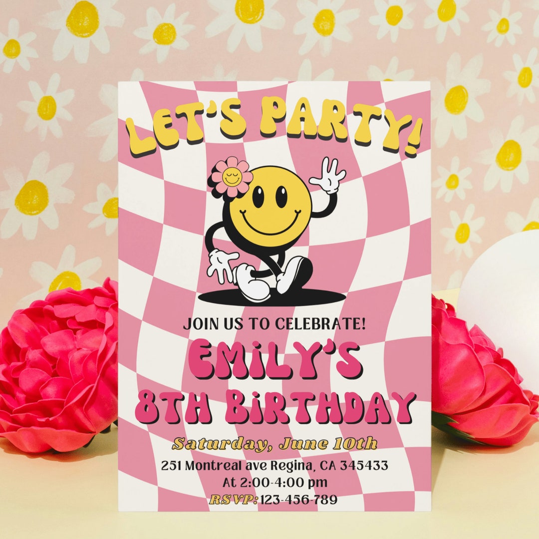 Editable Pink Smiley Face Birthday Invitation Retro Pink Smiley Invite ...