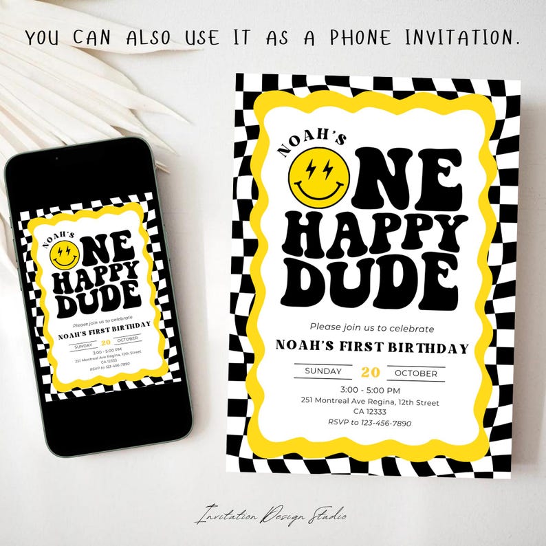One Happy Dude Invitation Smiley Face Birthday Invitation One Cool Dude ...