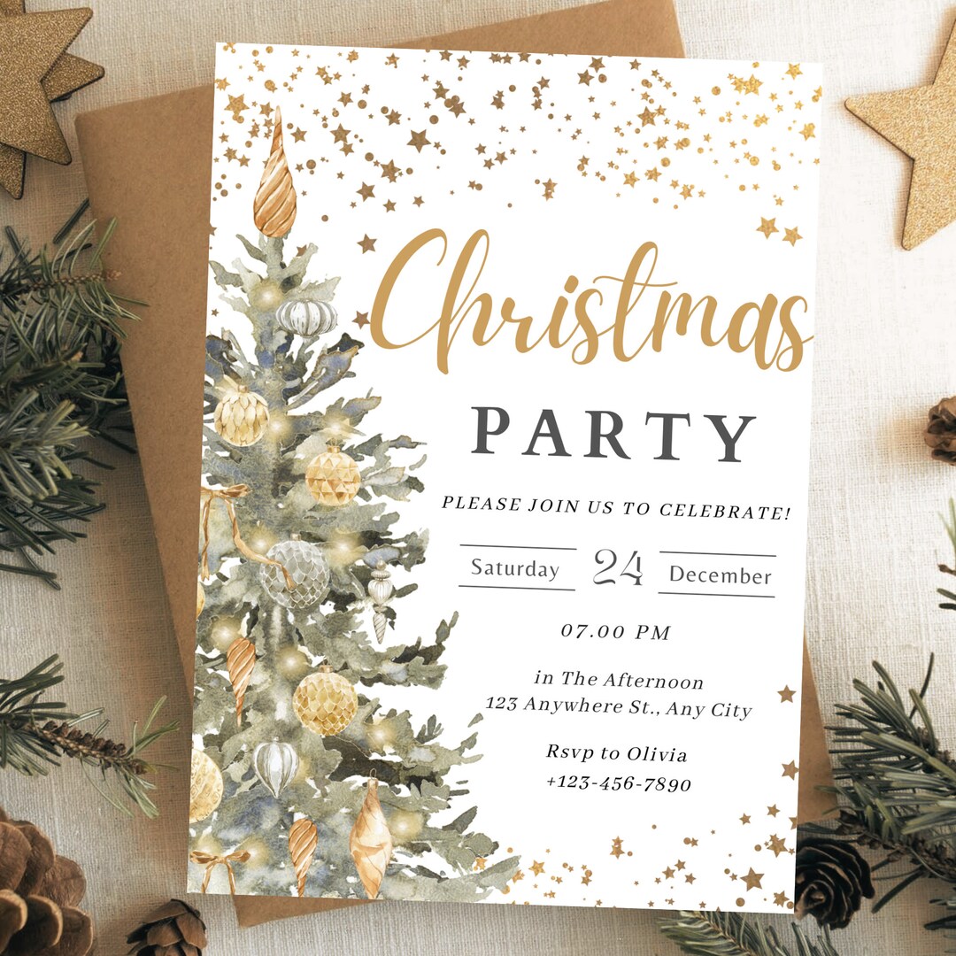 Editable Christmas Invitation Gold Theme Christmas Holiday Event Invite ...