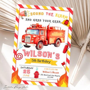 Firetruck Birthday Invitation Firefighter Party Invitation Fire Truck ...