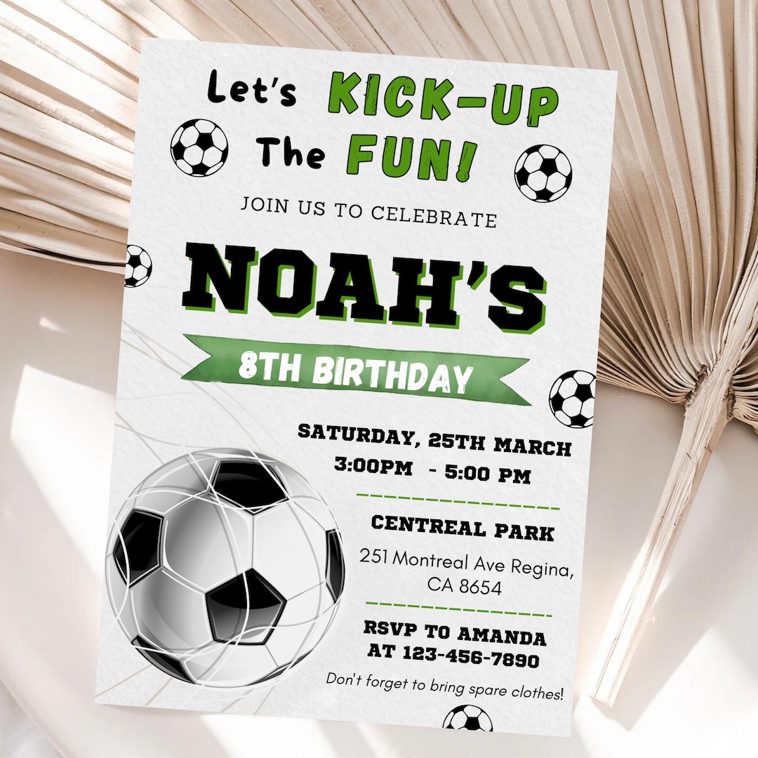 Editable Football Theme Party Invitation Soccer Birthday Cute Invite ...