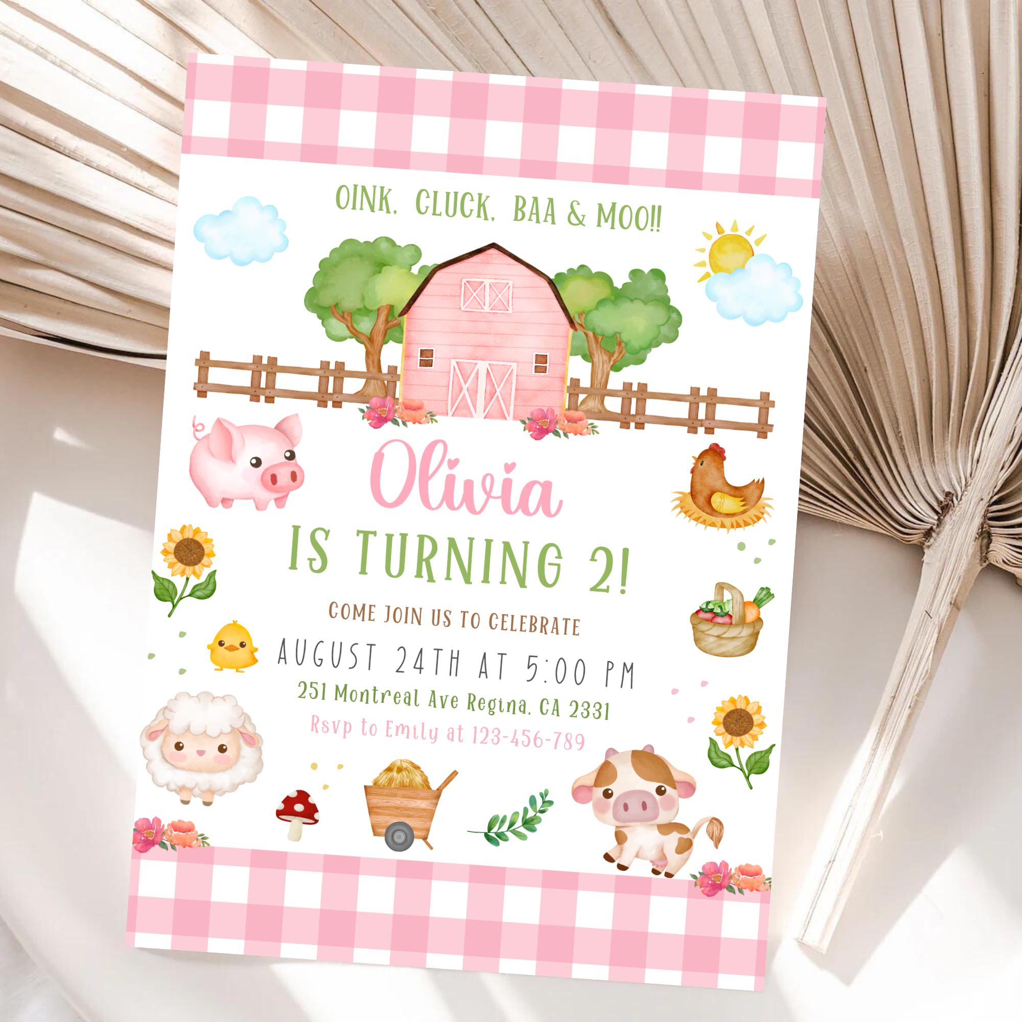 Pink Farm Animals Birthday Invitation Editable Farm Animals Invite Girl ...