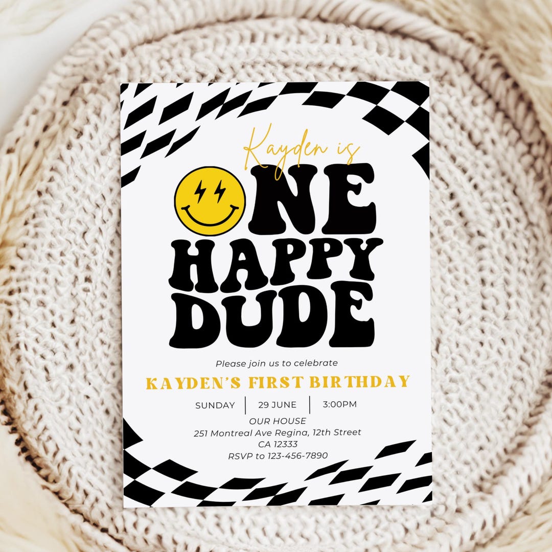 One Happy Dude Invitation Smiley Face Birthday Invitation One Cool Dude ...