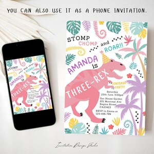 Three Rex Girl Birthday Invitation Pastel Dinosaur Invitation Three Rex ...
