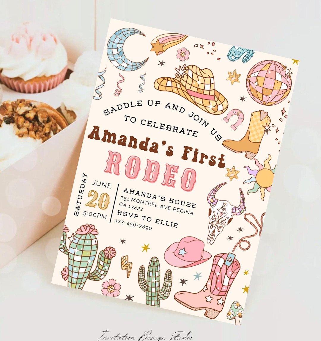 First Rodeo Birthday Invitation My First Rodeo Wild West Birthday Girl ...