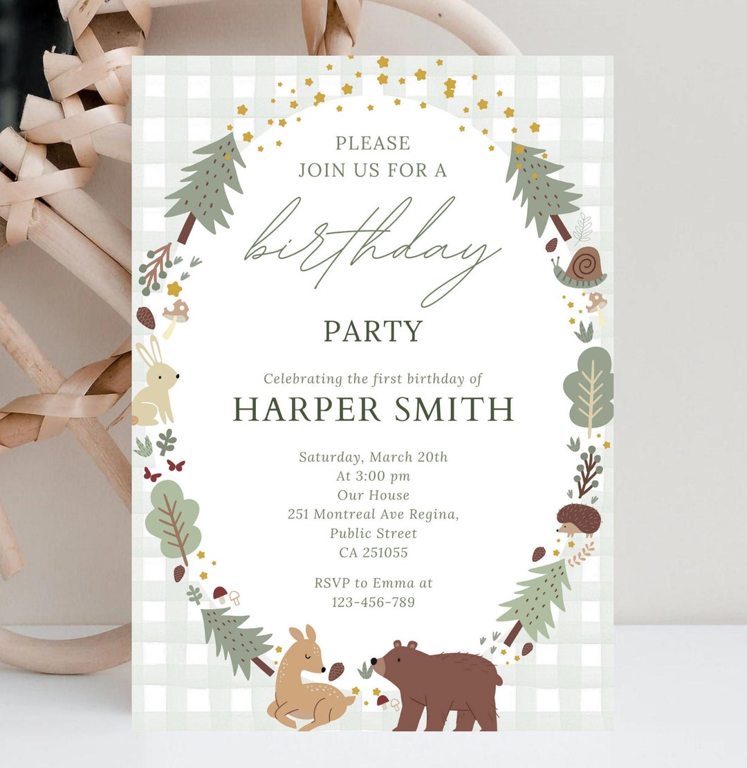 Editable Green Woodland Birthday Invitation Woodland Wild Invite Green ...