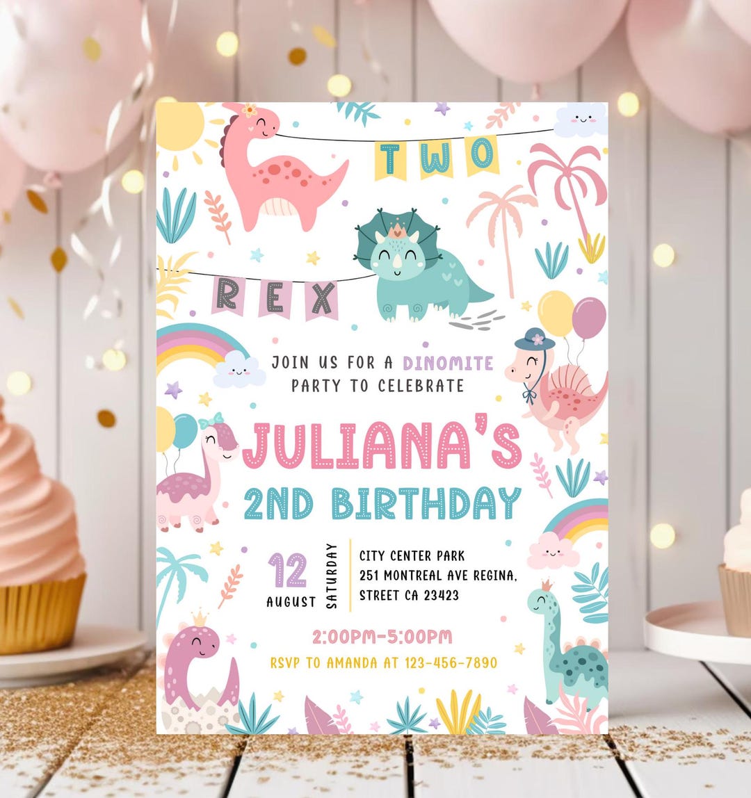 Two Rex Girl Birthday Invitation Girl Dinosaur Birthday Invitation ...