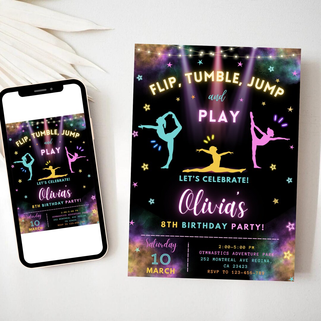 Editable Gynmastic Birthday Invitation Neon Gymnastic Invite Girl Jump