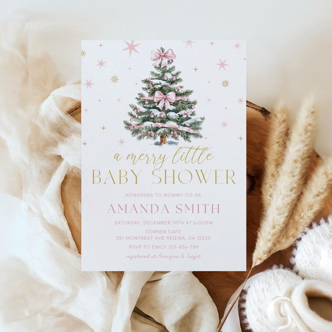 Pink Bow Christmas Baby Shower Invitation Set Editable Santa Baby ...