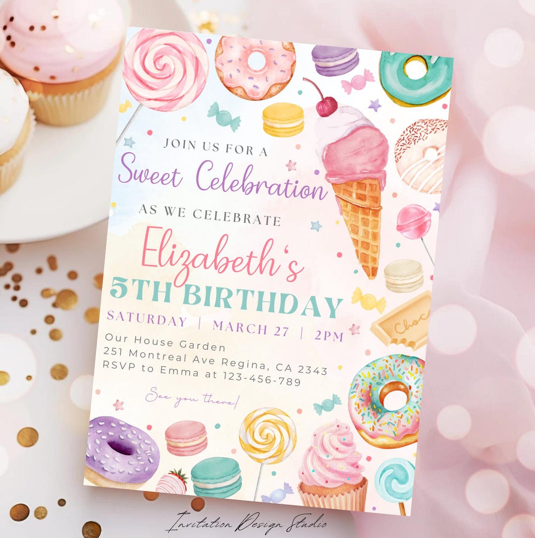 Editable Sweet Celebration Birthday Invitation Blush Pink Candyland ...