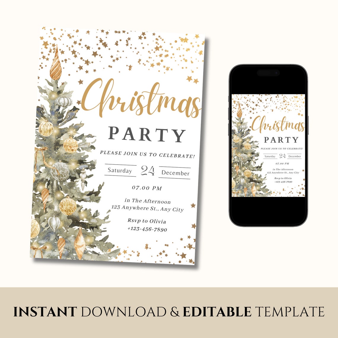 Editable Christmas Invitation Gold Theme Christmas Holiday Event Invite ...