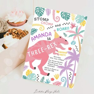 Three Rex Girl Birthday Invitation Pastel Dinosaur Invitation Three Rex ...