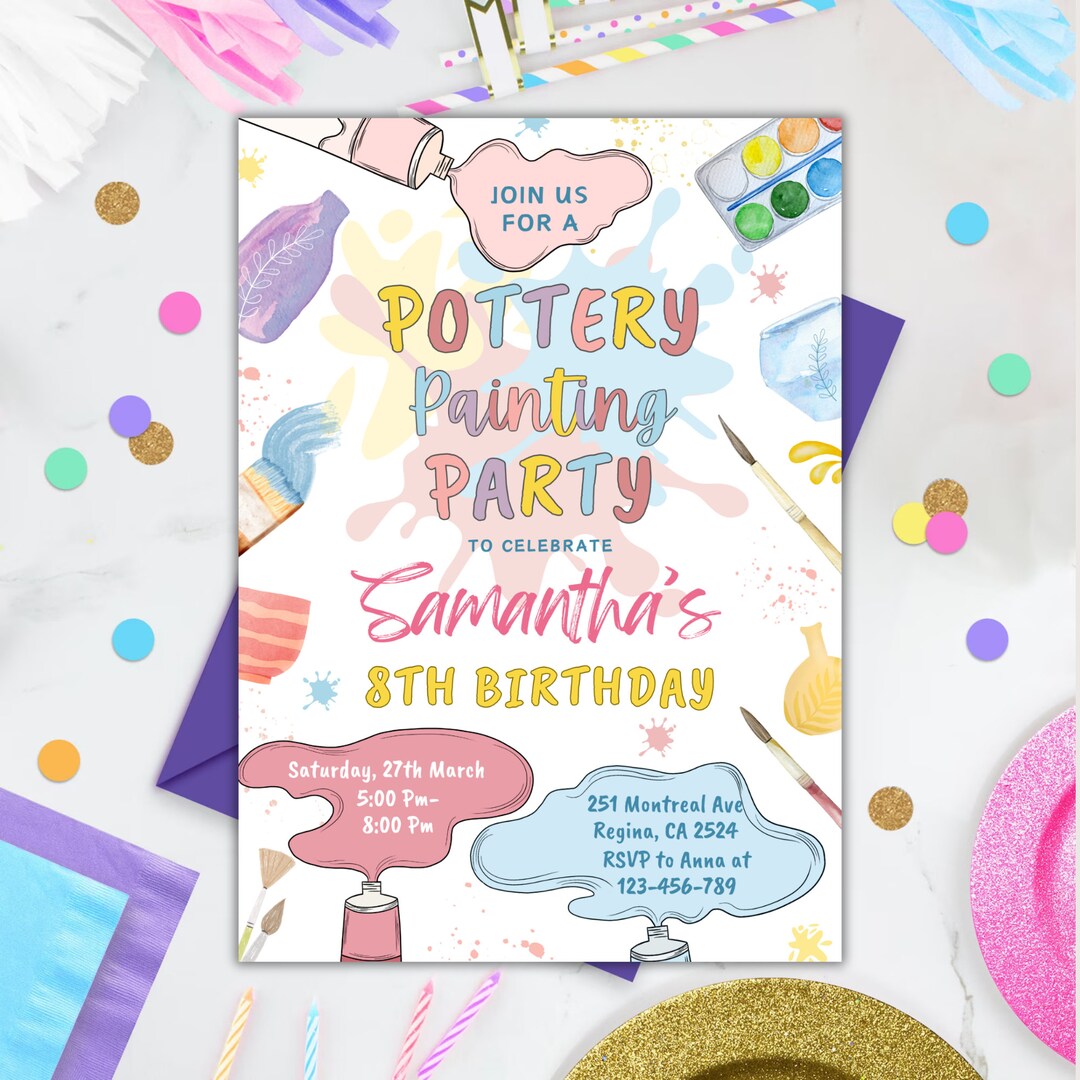 Pottery Painting Birthday Party Invitation Colorful Pottery Painting ...