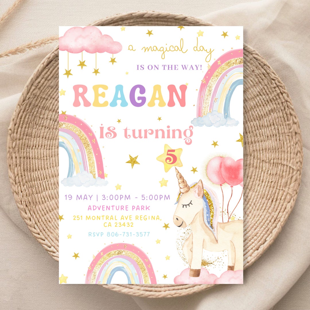 Editable Rainbow Unicorn Birthday Invitation Rainbow Theme Party ...