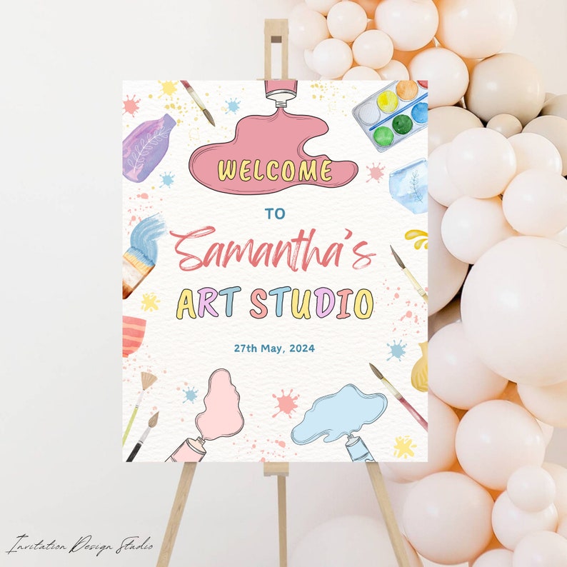 Editable Art Paint Birthday Welcome Sign Pottery Theme Party Welcome ...