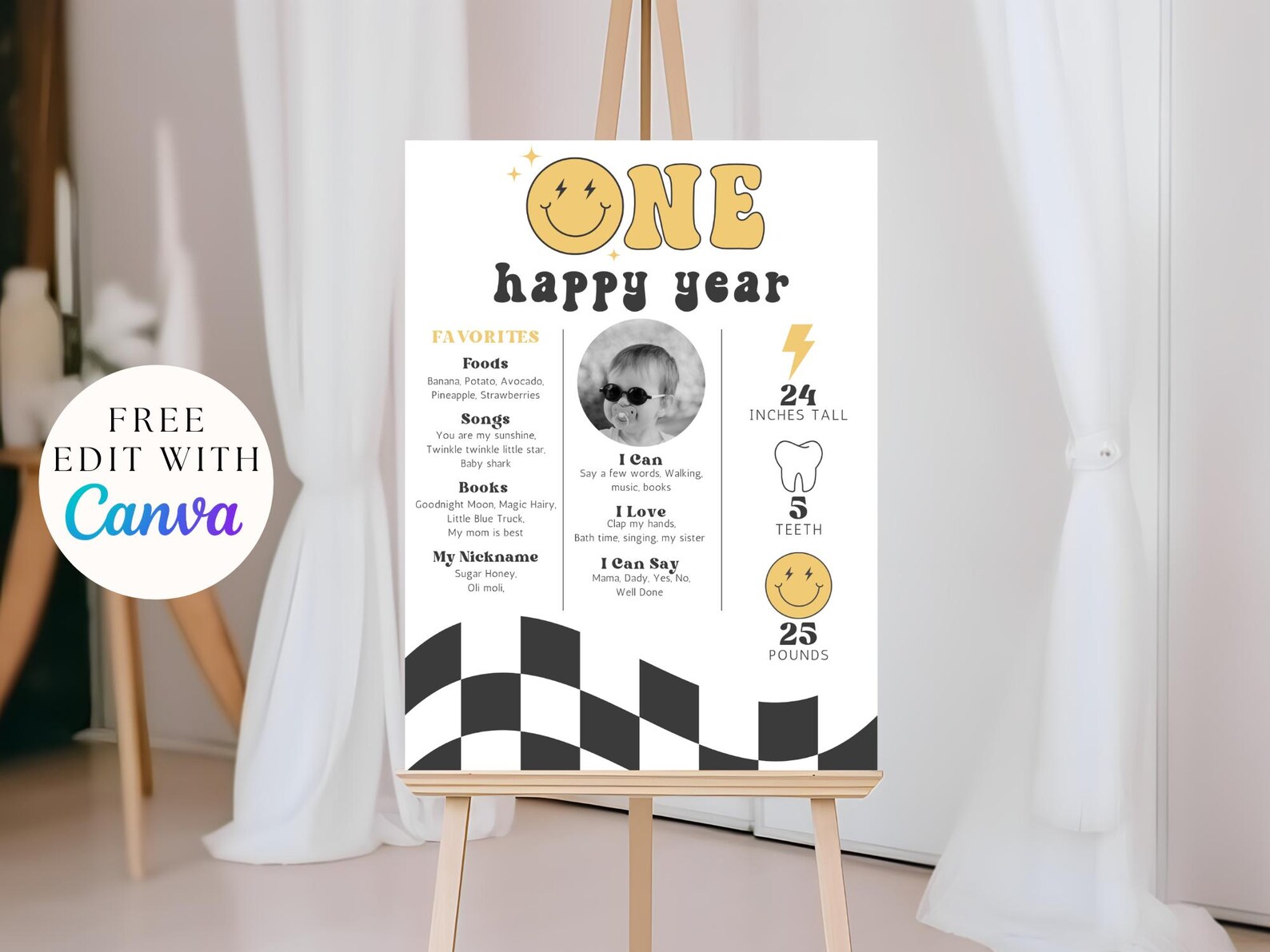 Editable One Happy Dude Milestone Poster Smiley Face Birthday Milestone ...