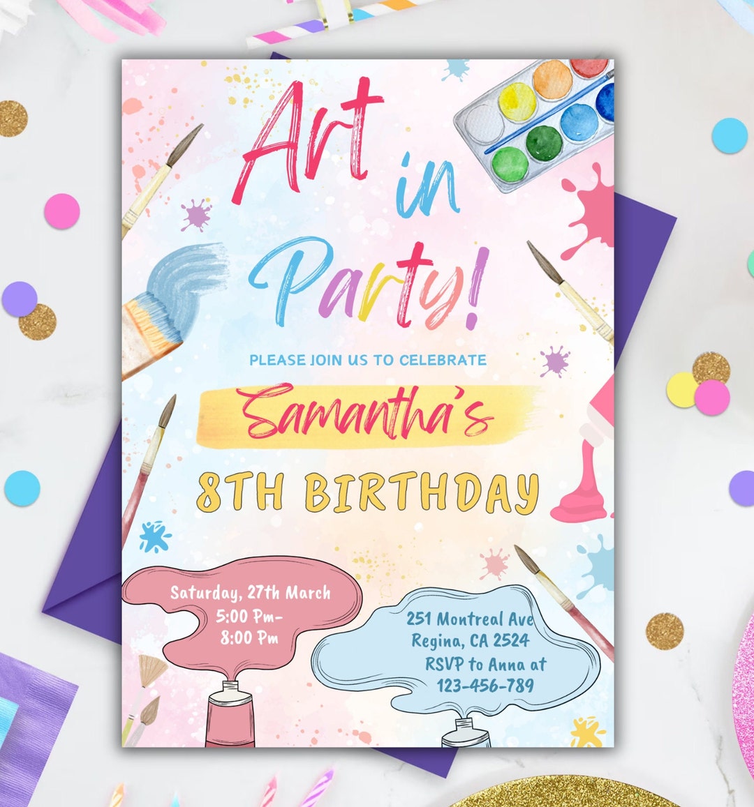 Editable Art Paint Birthday Party Invitation Rainbow Brush Painting ...