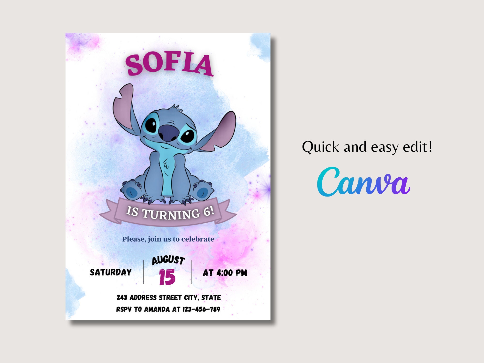 Invitación editable de Stitch Lilo Stitch cumpleaños Linda - Etsy España