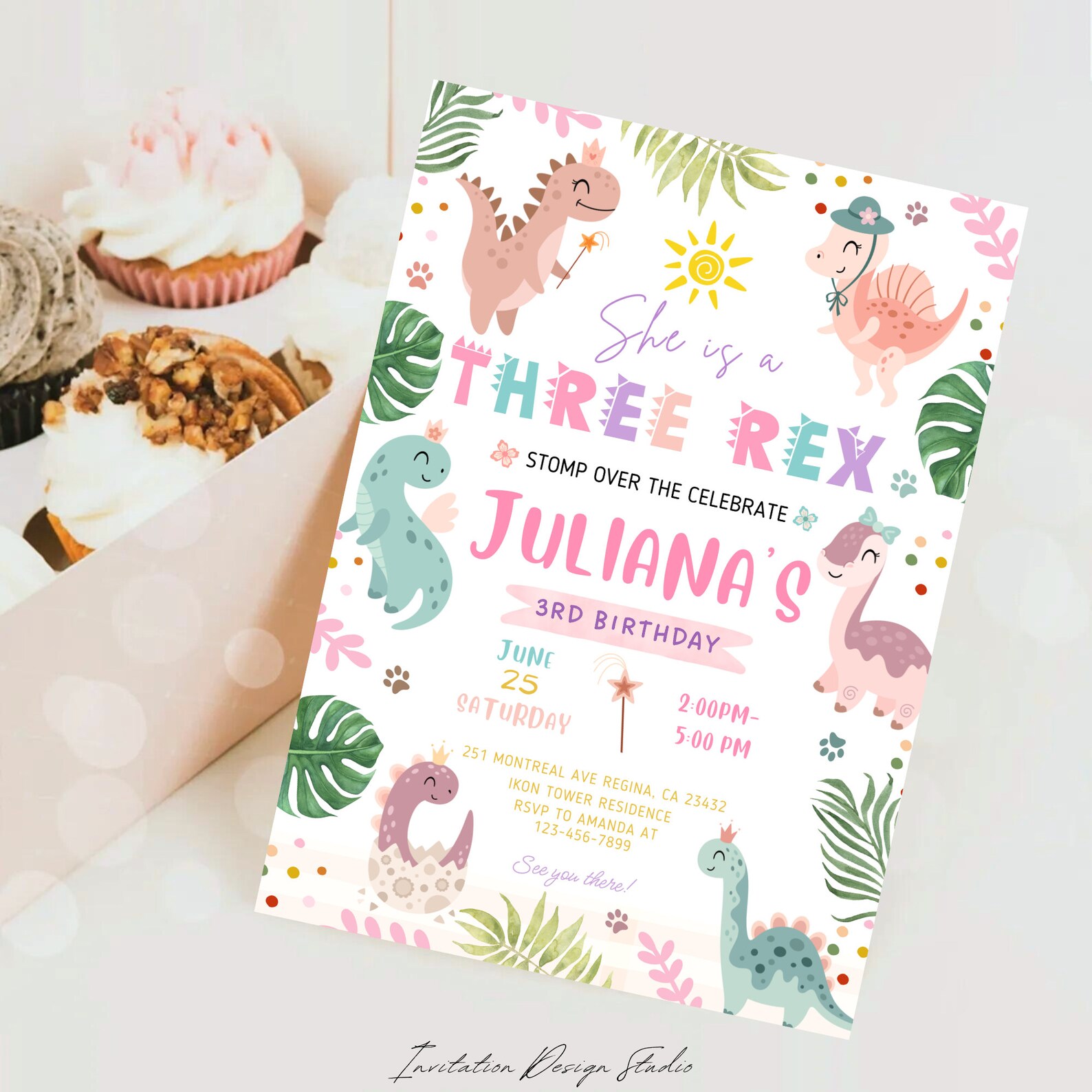 Three Rex Girl Birthday Invitation Pastel Dinosaur Invitation Digital ...